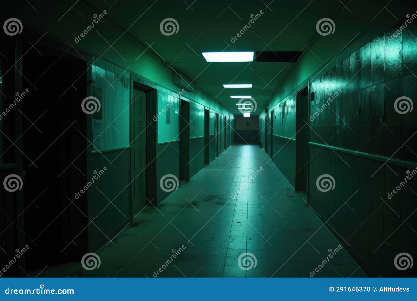 The Glow of Emergency Exit Signs in a Dark Hallway Stock Photo - Image ...