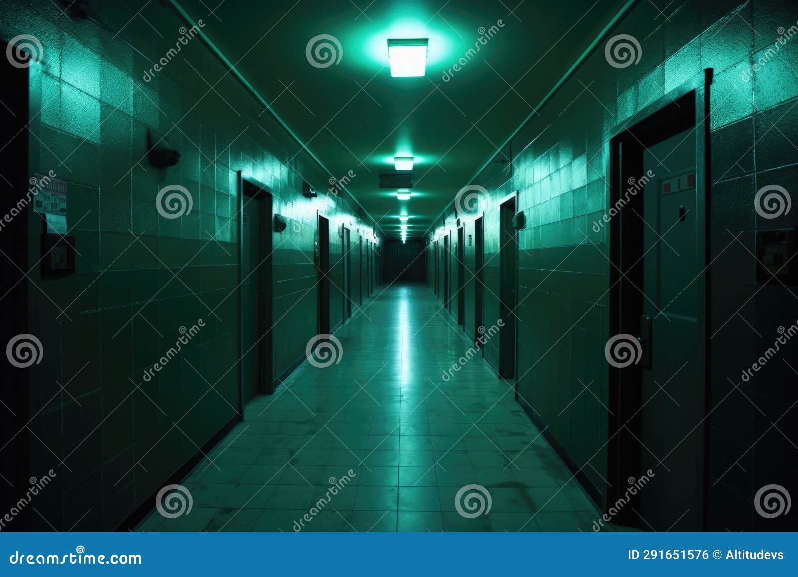 The Glow of Emergency Exit Signs in a Dark Hallway Stock Photo - Image ...