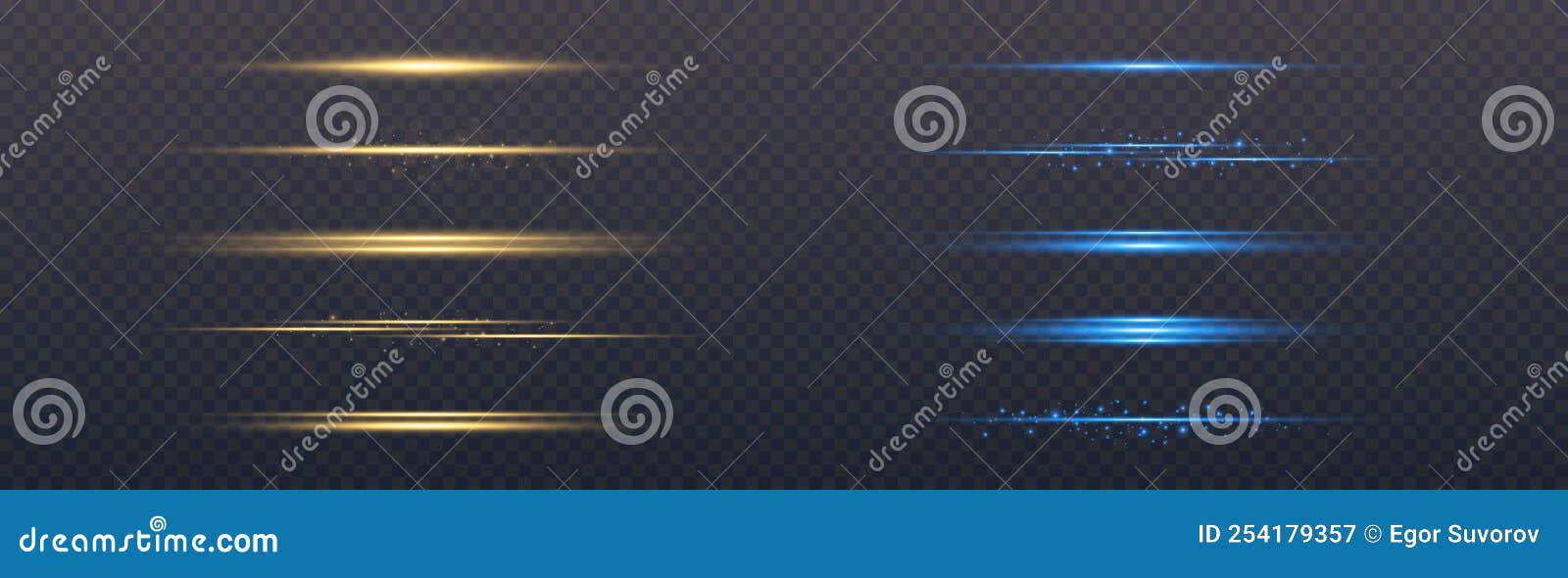 Glow Lines Collection. Gold Bright Flashes. Horizontal Glowing Beams on ...