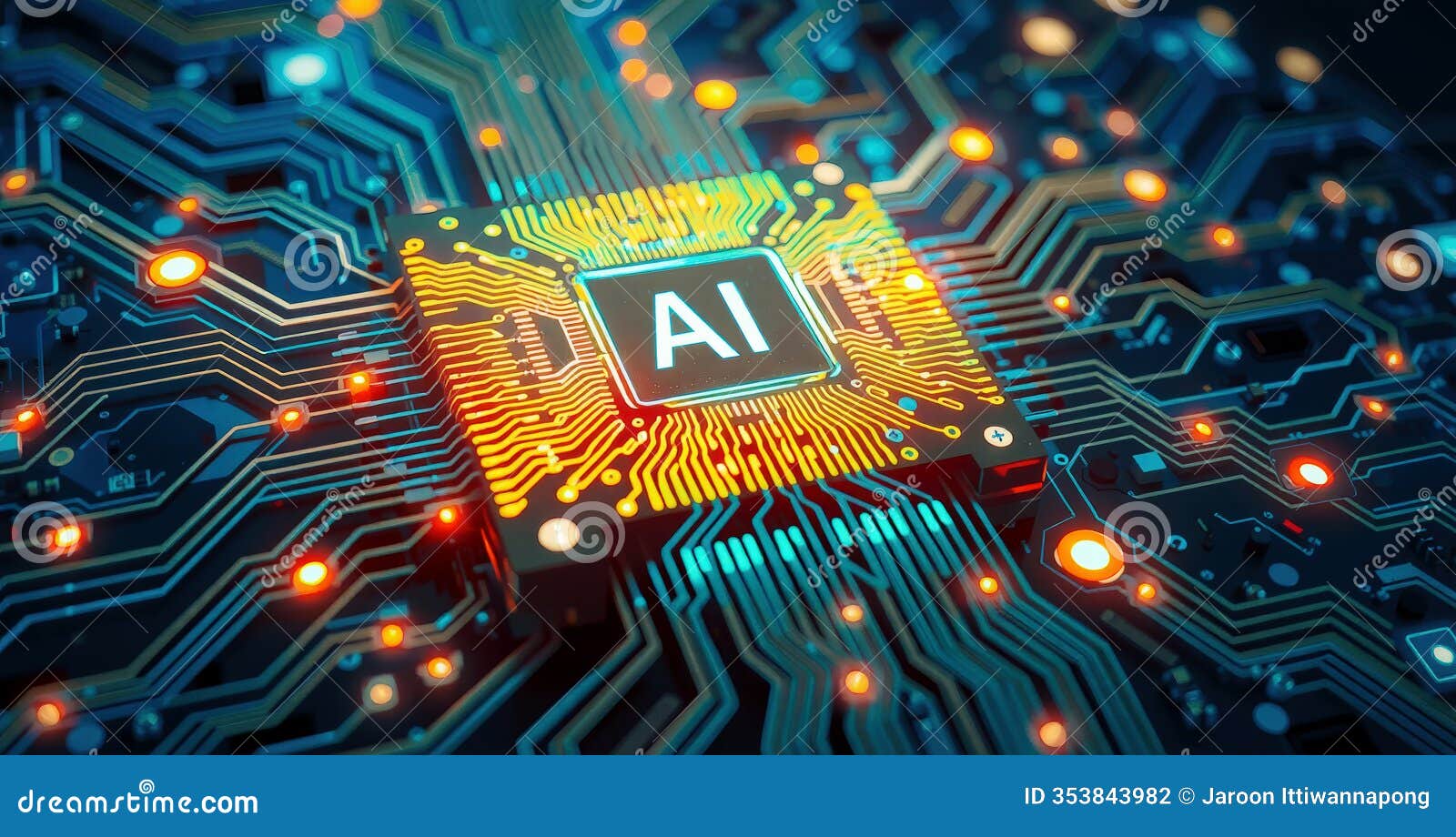 Glowing AI Chip is Integrated into Complex Circuit Board, Showcasing ...