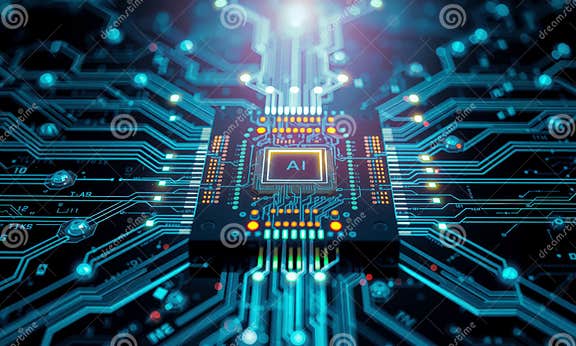 Glowing AI Chip is Integrated into Complex Circuit Board, Symbolizing ...