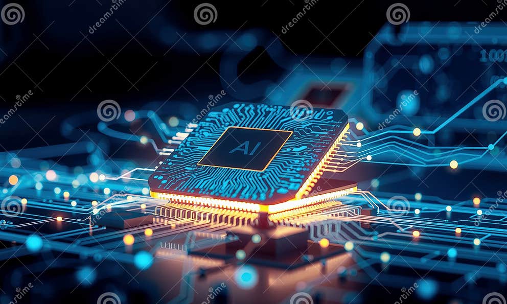 Glowing AI Chip Processor is Integrated into Complex Circuit Board ...