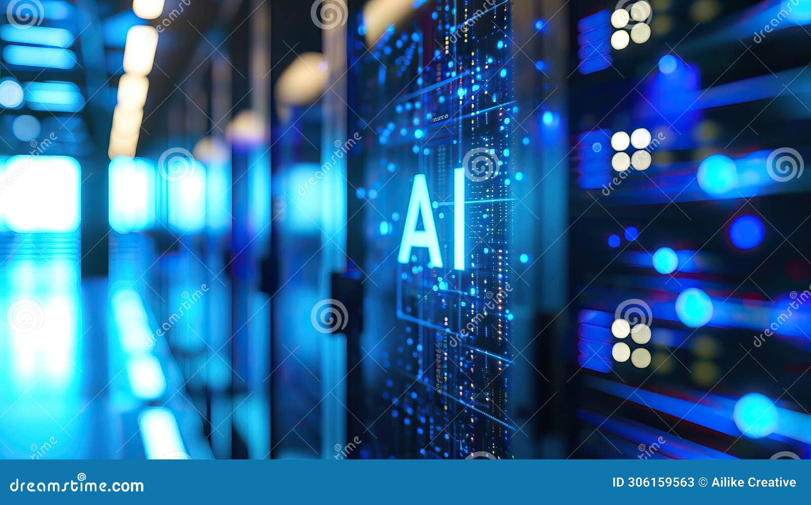 Glowing AI Letters on Server Rack in Data Center Stock Illustration ...