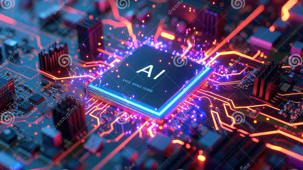Glowing AI Processor on Dark Circuit Board, Core of Artificial ...