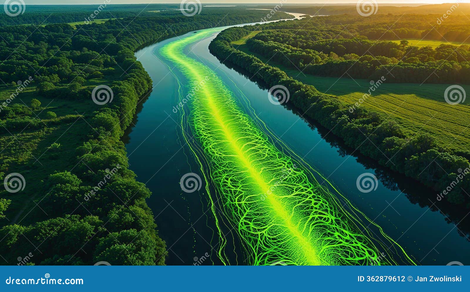 Bioluminescent Algae Bloom Illuminating River at Sunset, Aerial View ...
