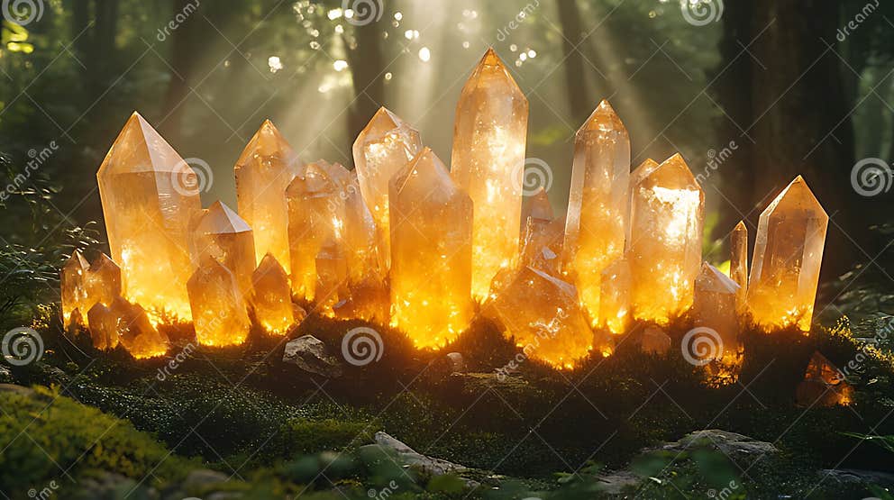 Glowing Amber Crystals Cluster in a Sunlit Forest Stock Illustration ...
