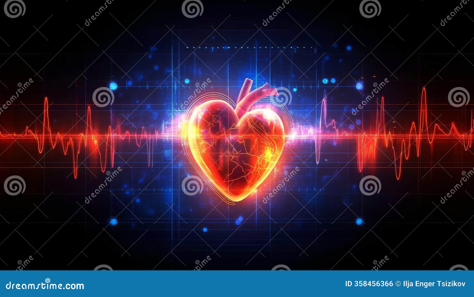 Glowing Anatomical Human Heart and Red Electrocardiogram Waveform on ...