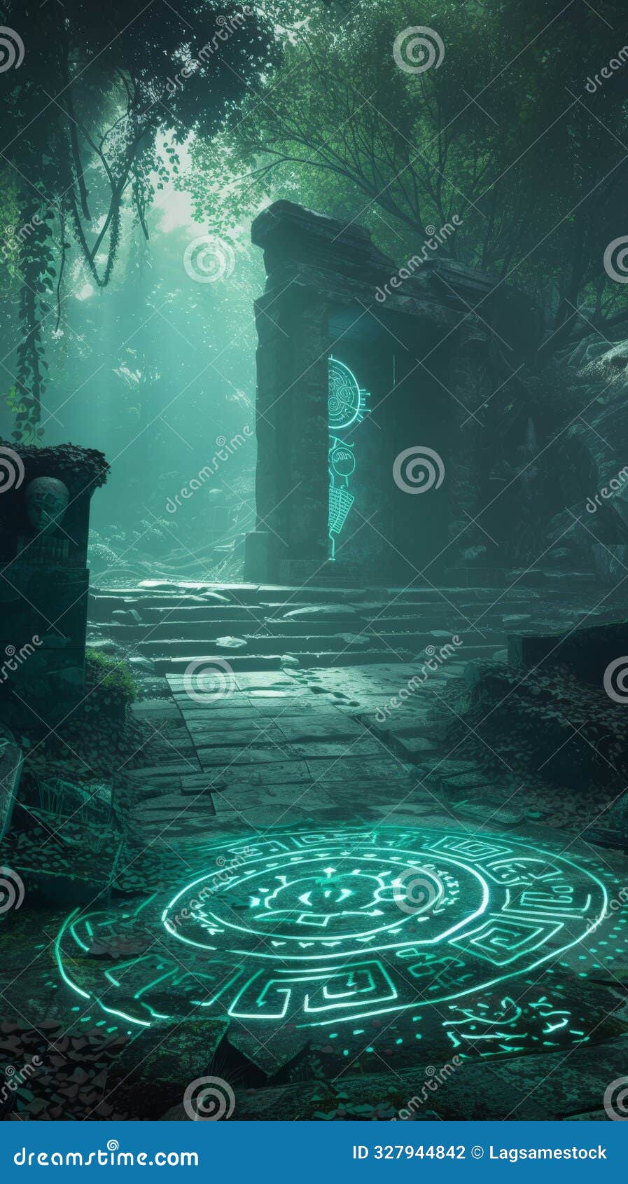 Glowing Ancient Symbols Bordering a Stone Warp Gate in a Primeval ...