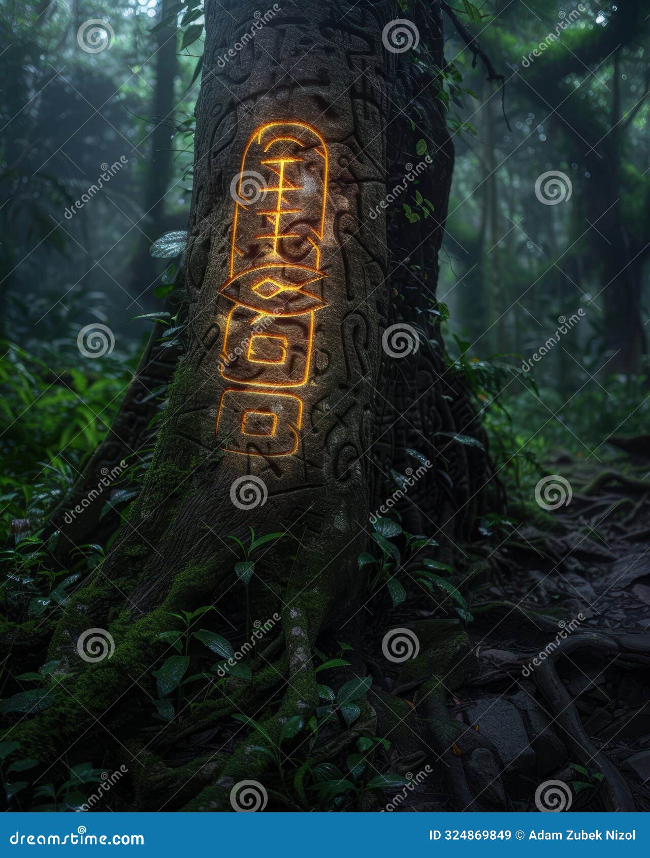 Glowing Ancient Symbols on Tree Trunk in Dark Forest Stock Illustration ...