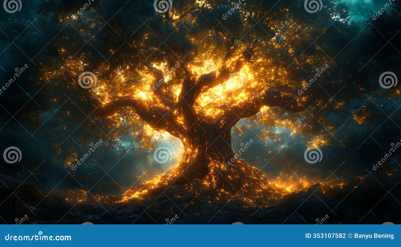 Glowing Ancient Tree at Night, Mystical Fantasy Stock Illustration ...