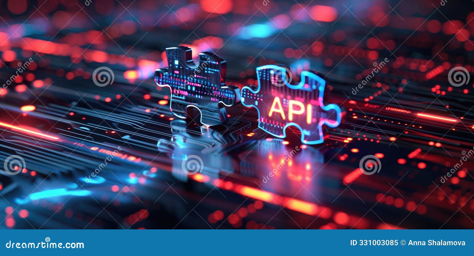 Glowing API Text on Illuminated Puzzle Pieces Over a Digital Circuit ...