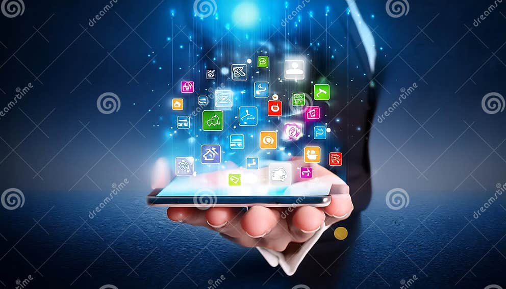 Glowing App Icons Float Around a Tablet, Evoking Digital Connectivity ...