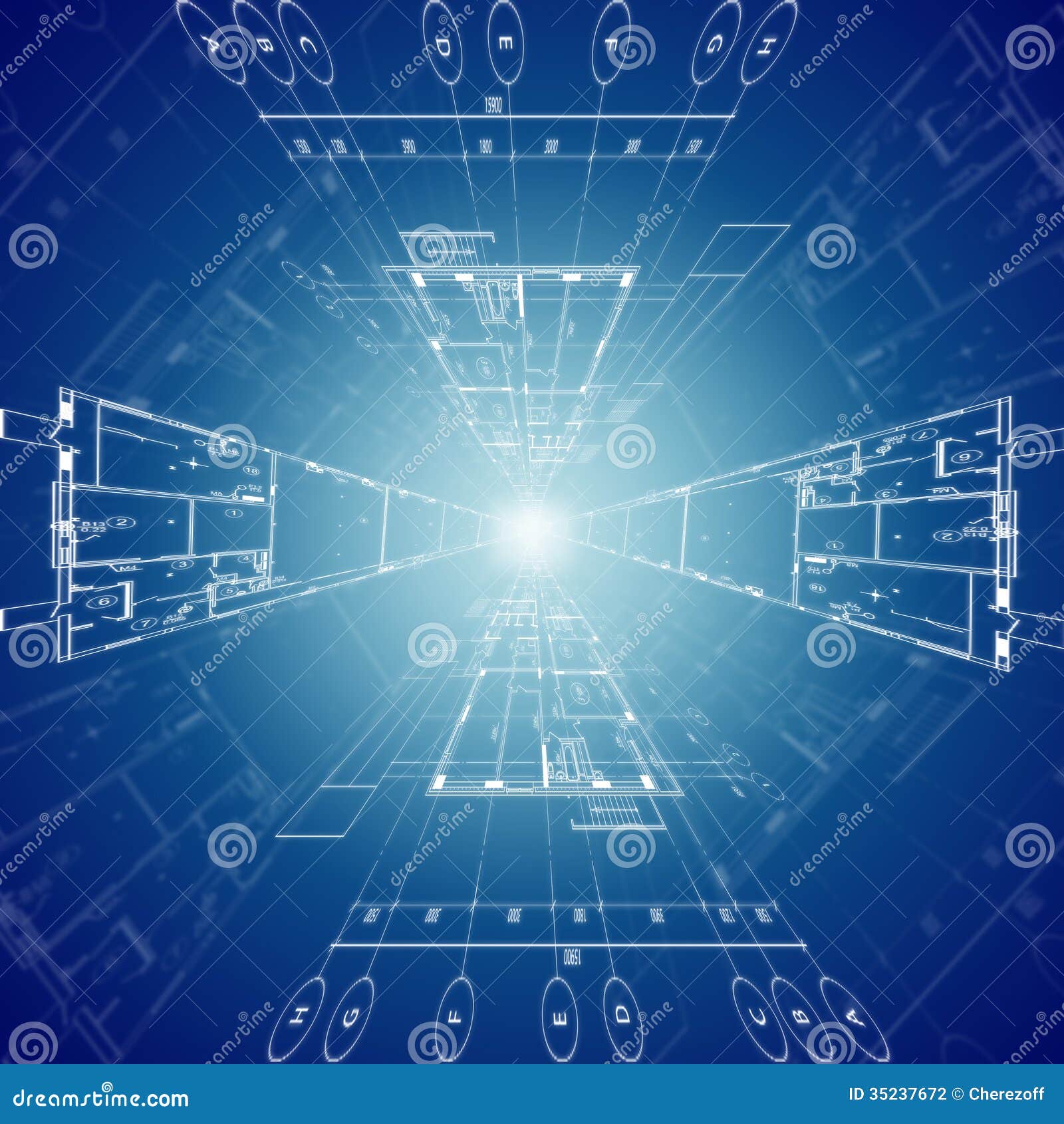 Glowing Architectural Drawings on Dark Background Stock Illustration ...