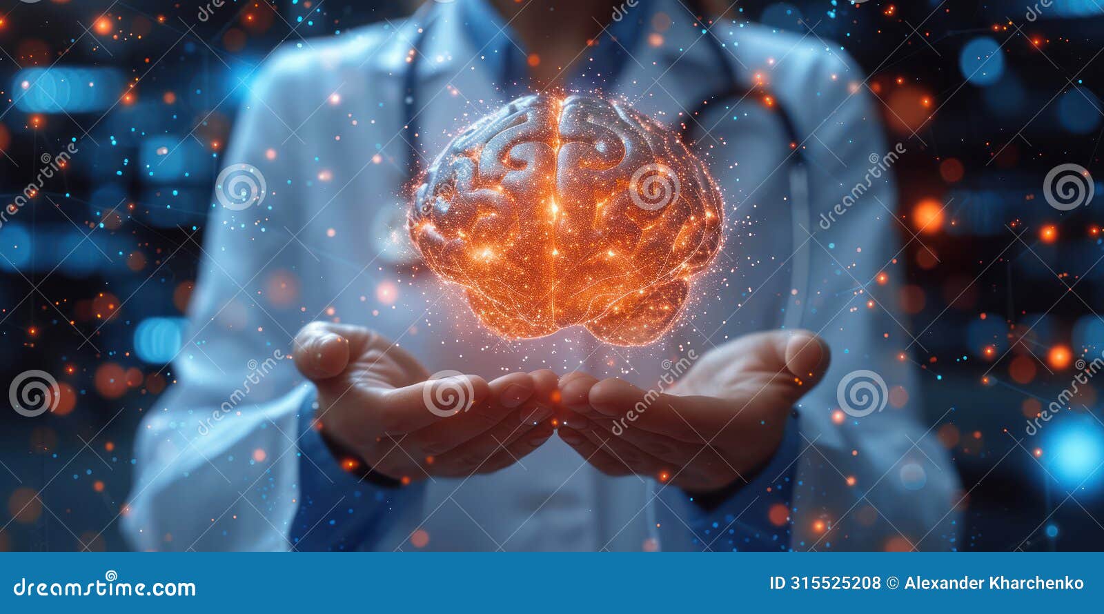 Glowing Artificial Intelligence Brain in the Hands of a Female Engineer ...