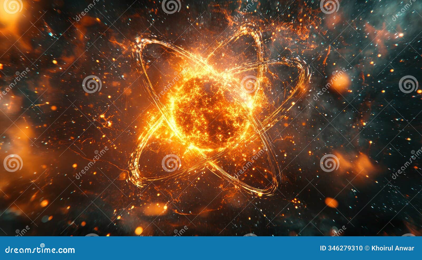 Glowing Atomic Model with Fiery Particles Stock Photo - Image of ...