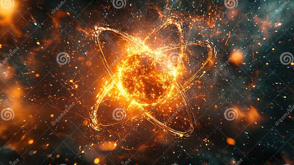 Glowing Atomic Model with Fiery Particles Stock Photo - Image of ...