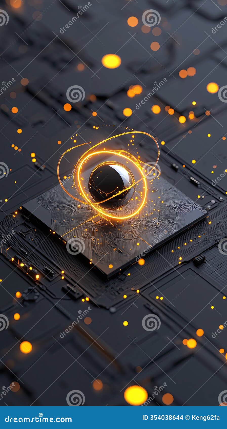 Glowing Atomic Quantum Sign on Black Circuit Board with Orange Sparks ...