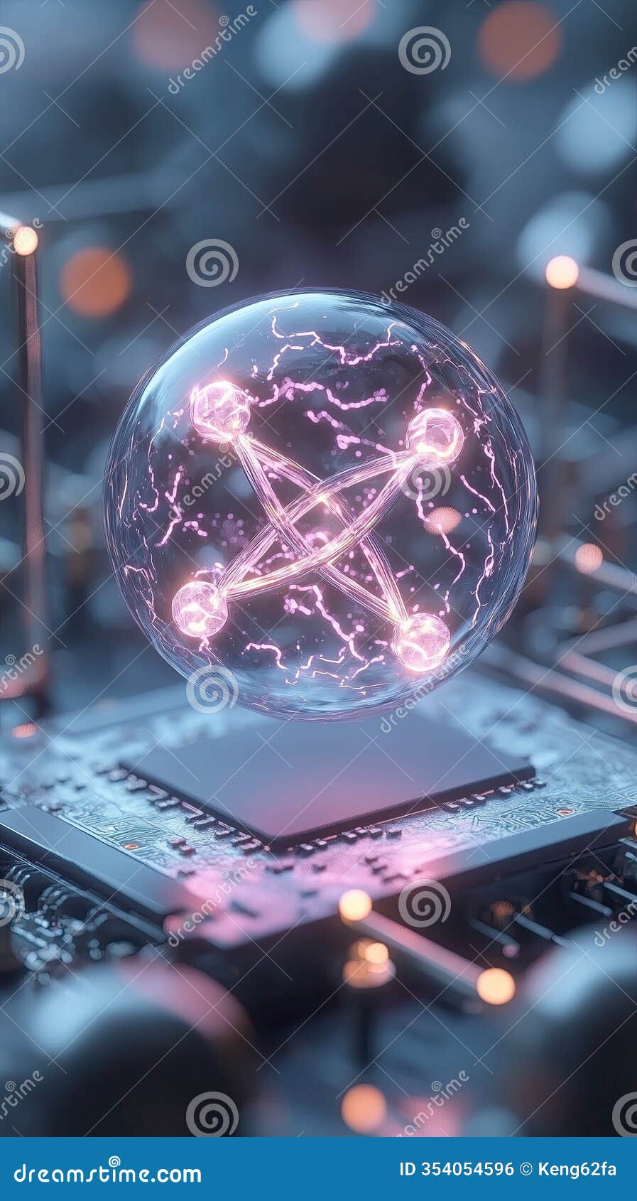 Glowing Atomic Quantum Sign in Transparent Sphere Above Circuit Board ...