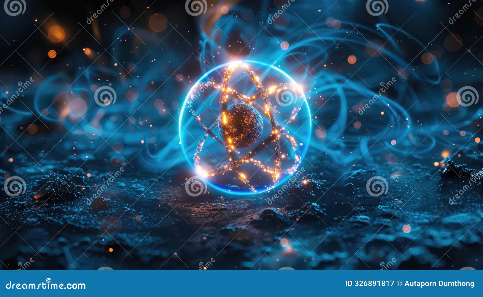 Glowing Atomic Structure with Bright Lights and Energy Beams on a Dark ...