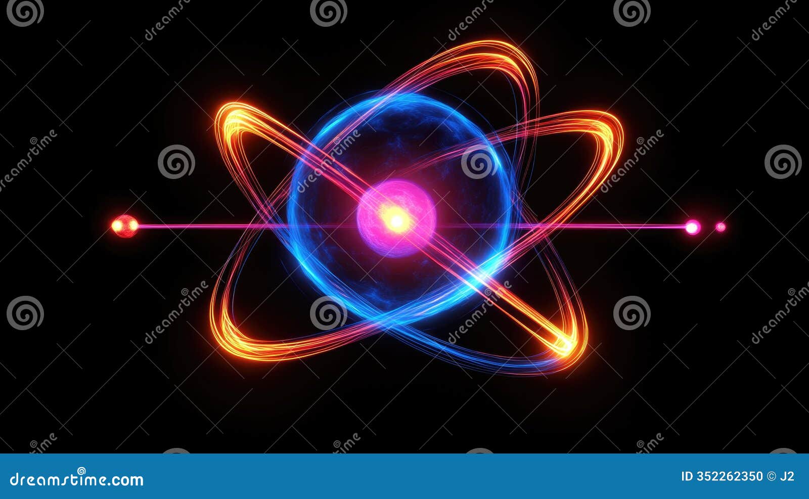 Glowing Atomic Structure with Orbiting Electrons on Black Background ...