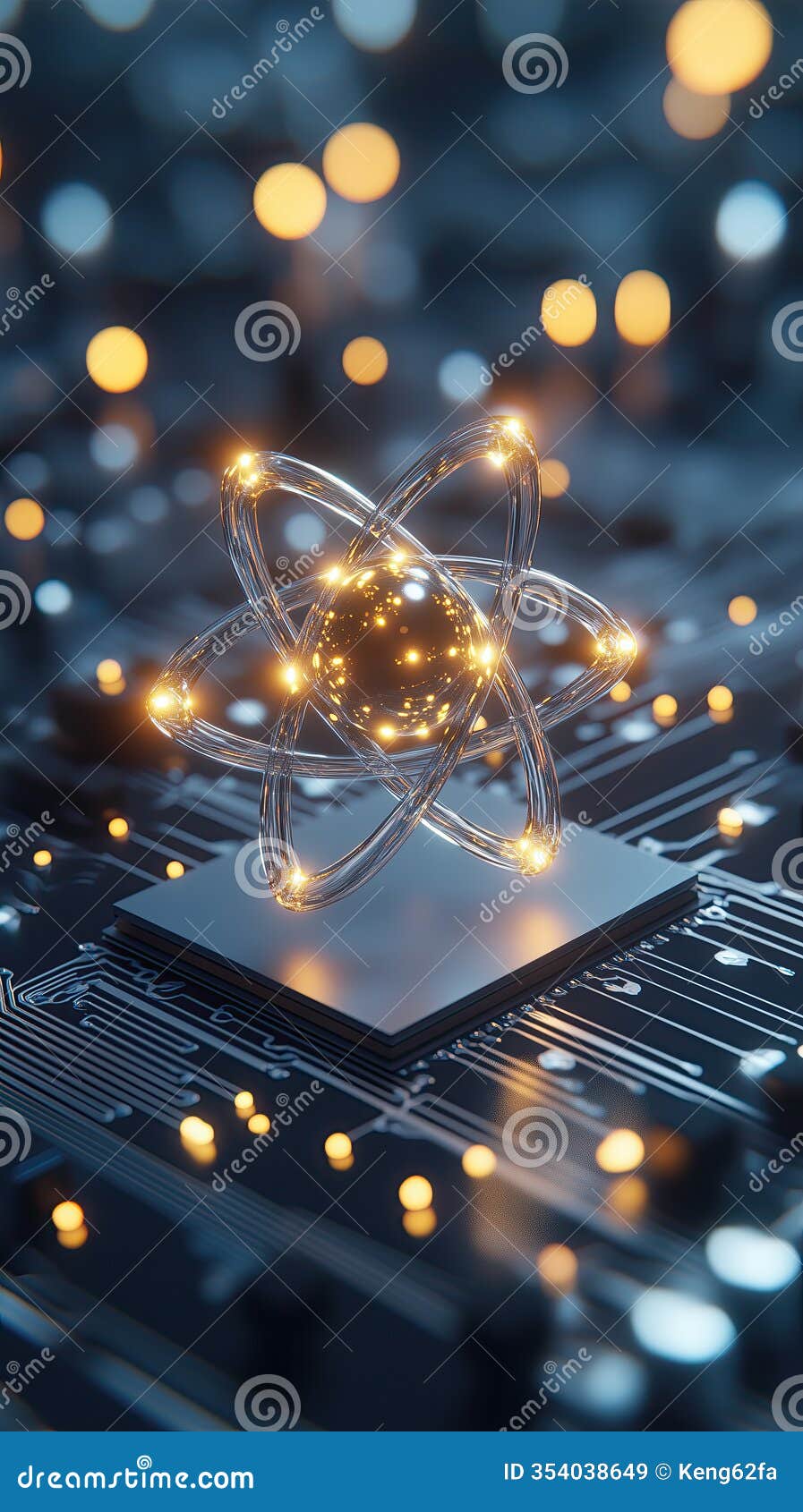 Glowing Atomic Symbol on Circuit Board, Representing Quantum Technology ...