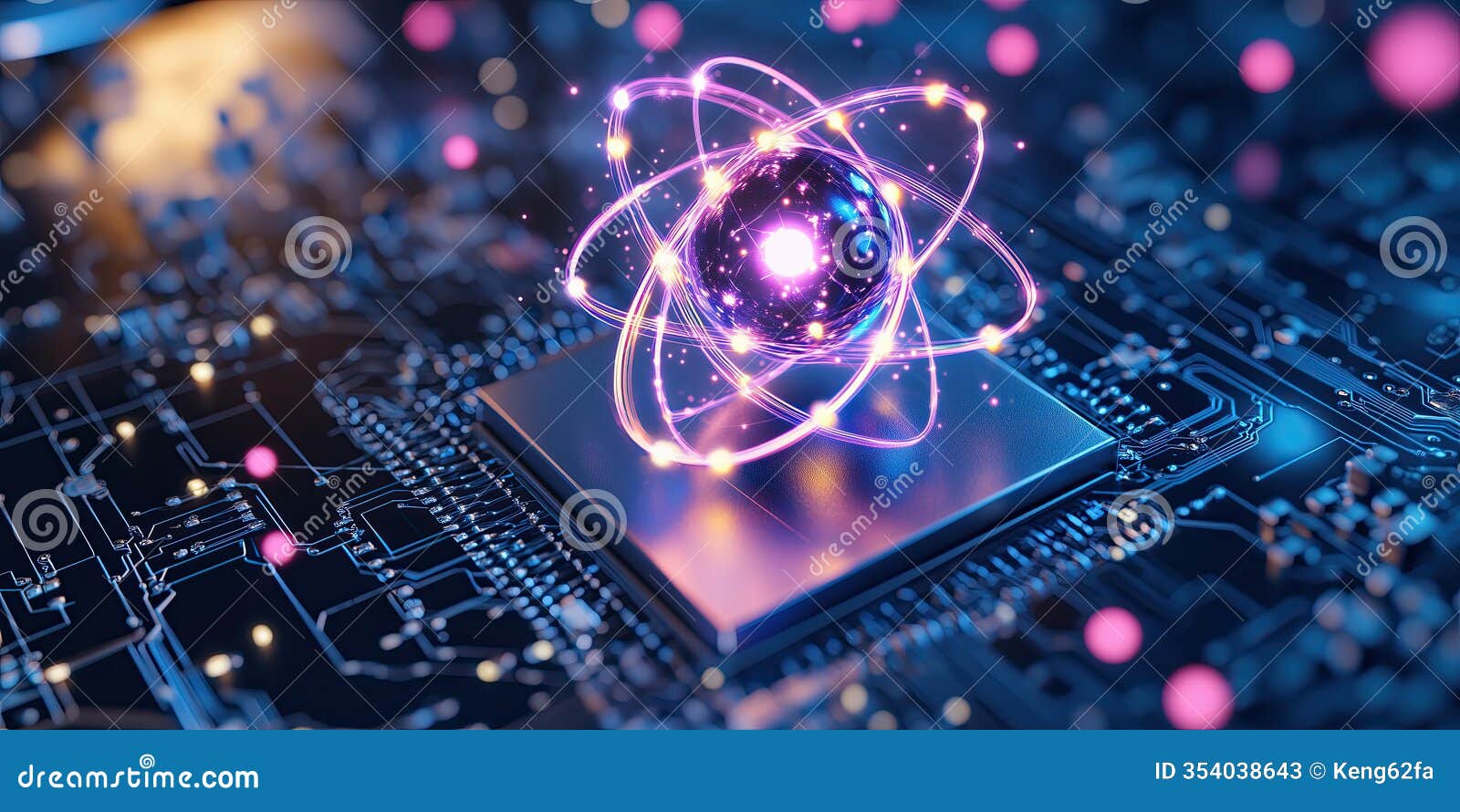 Glowing Atomic Symbol on Silver Circuit Board Represents Quantum ...