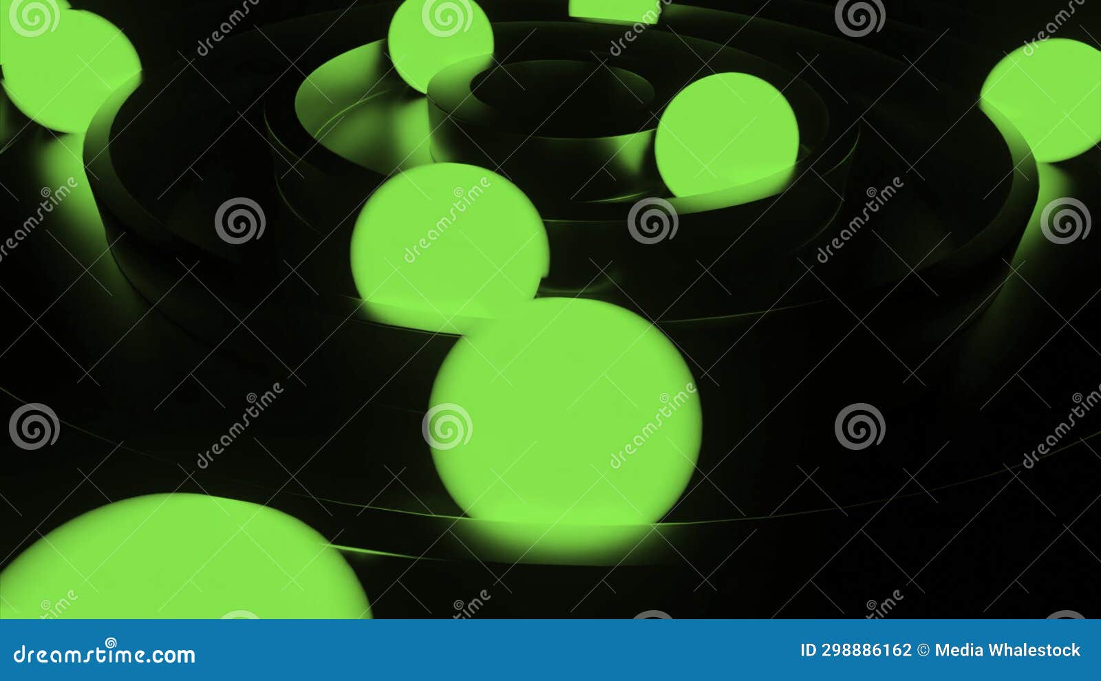 Glowing Balls Rotating in Rings. Design. Glowing Balls Move through ...