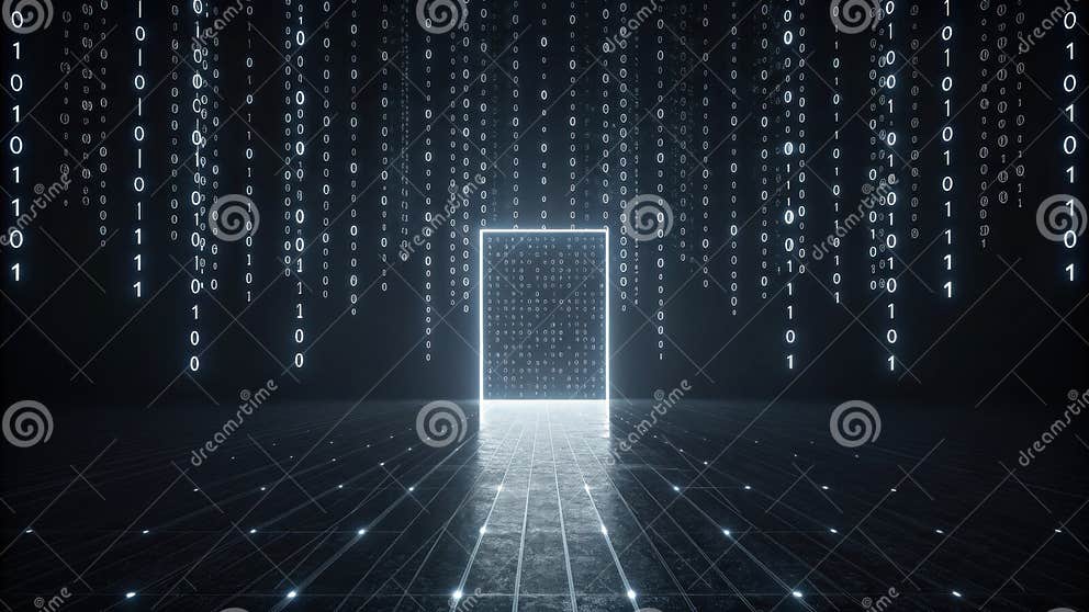 Glowing Binary Code Raining on Futuristic Background with Portal Stock ...