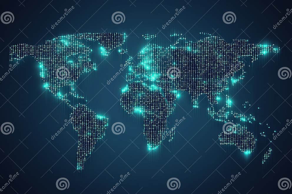 A Glowing Binary Code World Map Illustrating Global Digital Connections and Technology Stock ...
