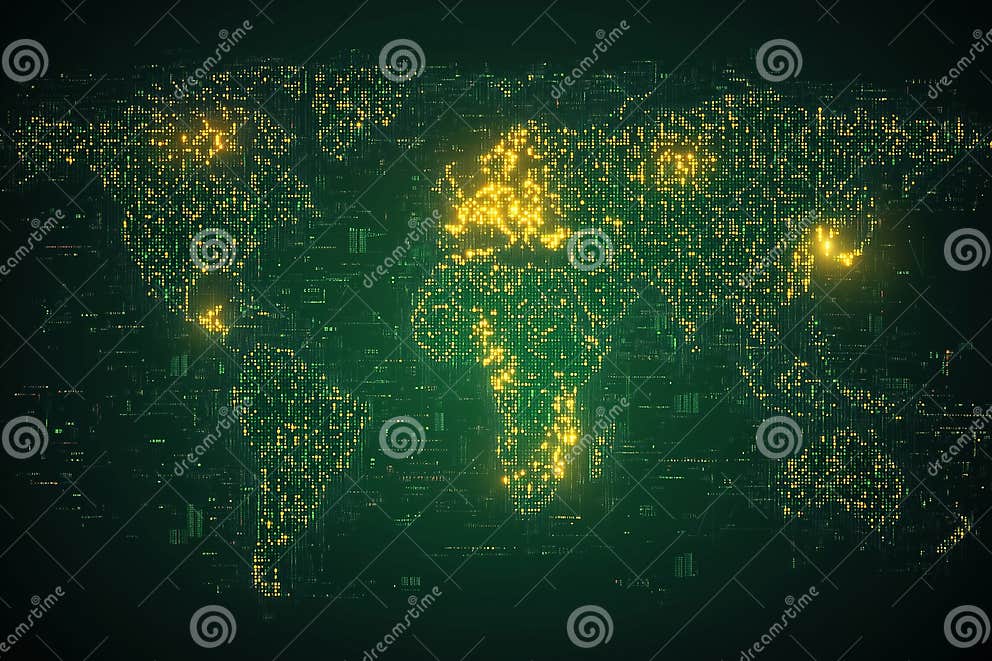 A Glowing Binary Code World Map Representing Global Digital Connections and Technology Stock ...