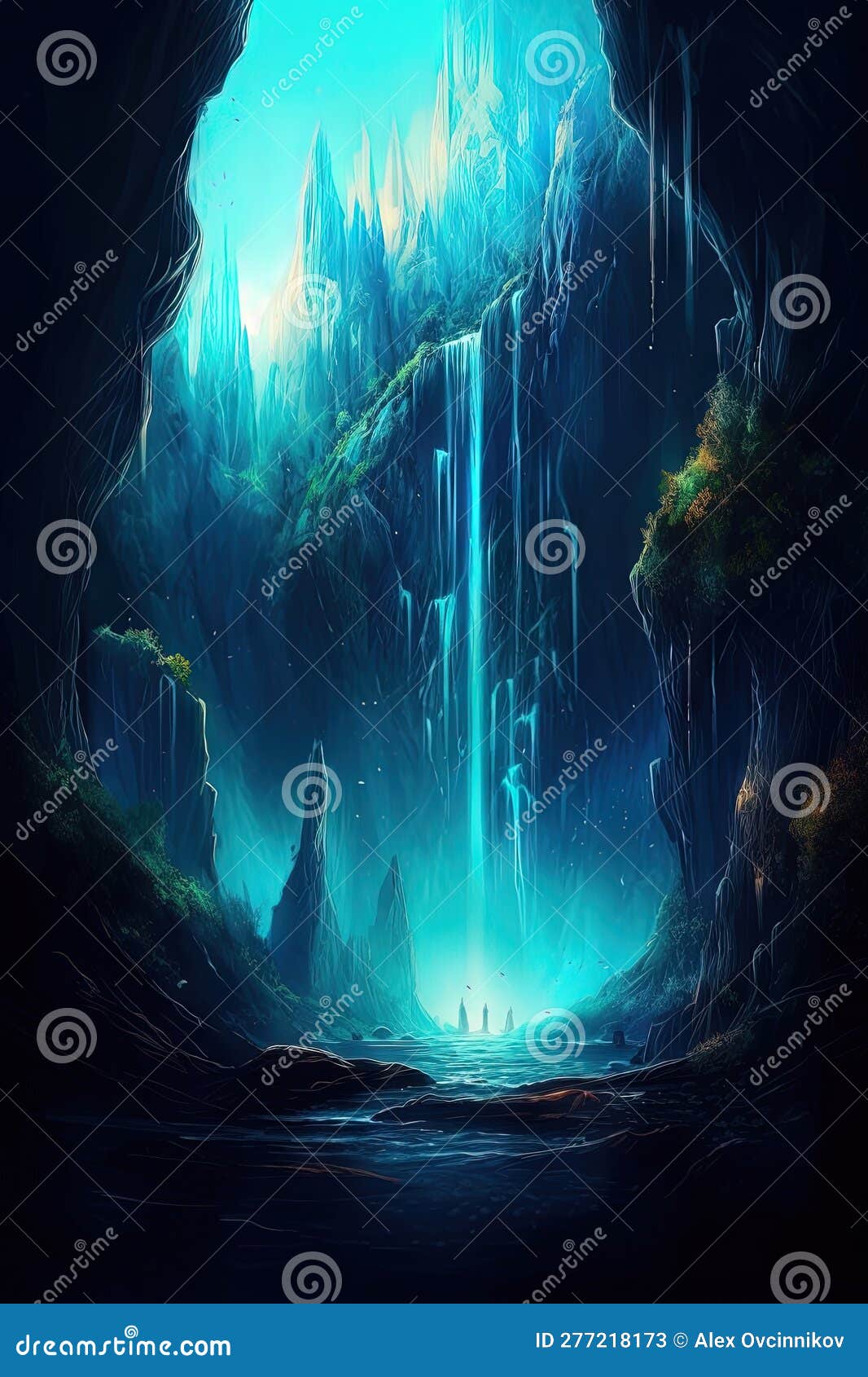 Glowing Bioluminescent Waterfall with Sparkles. Perfect for Posters and ...