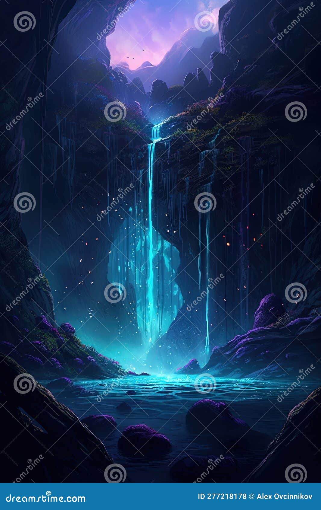 Glowing Bioluminescent Waterfall with Sparkles. Perfect for Posters and ...