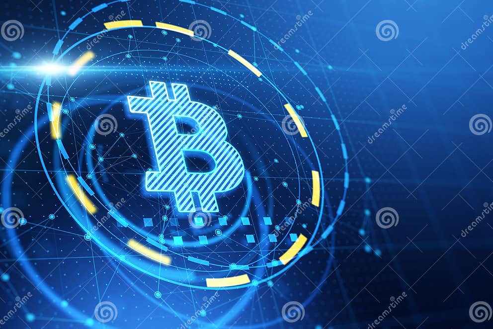 Glowing Bitcoin Interface in Blue Background. Cryptocurrency and ...