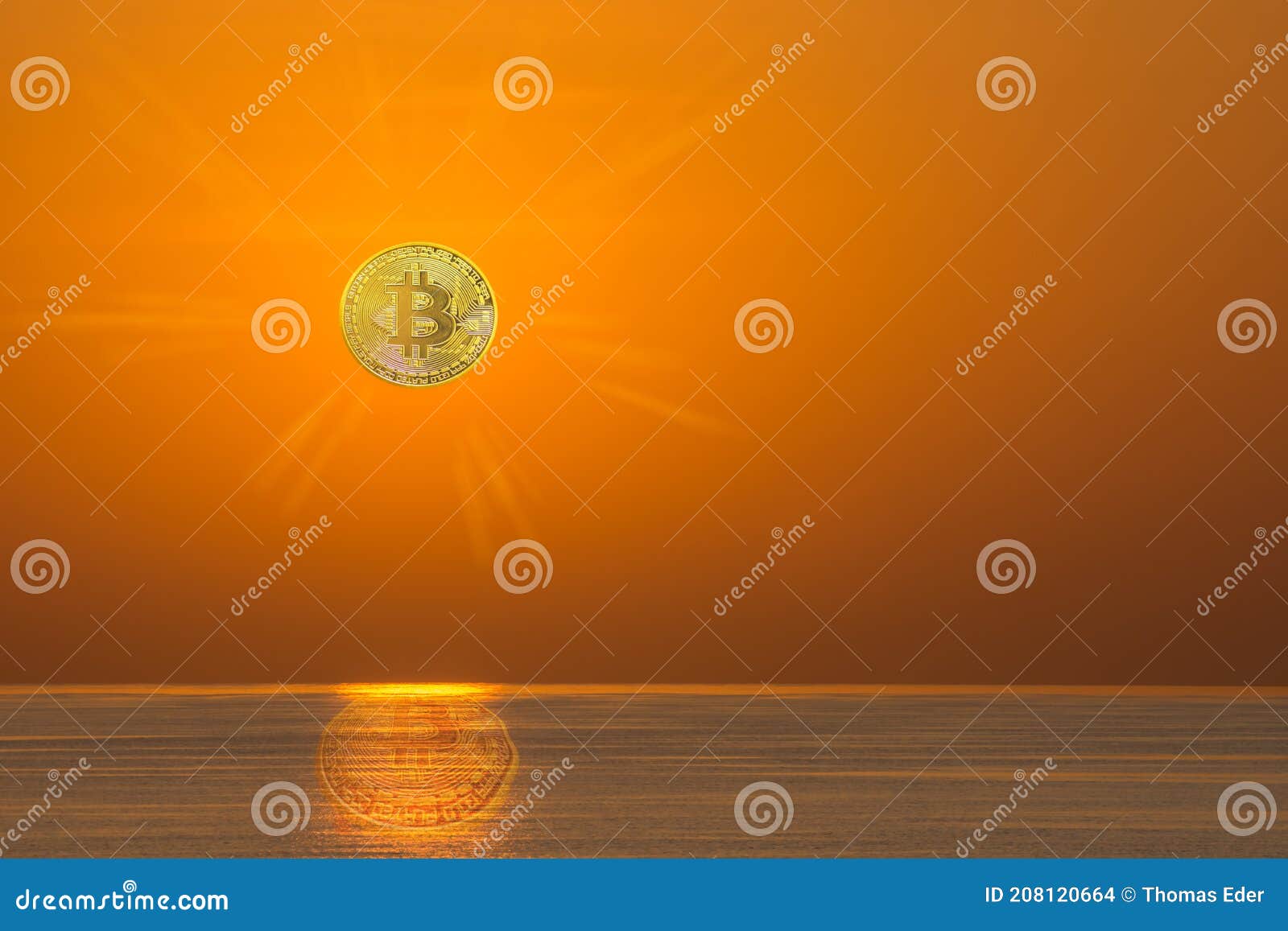 Glowing Bitcoin instead a Sun at a Sunrise with Small Waves at the Sea ...