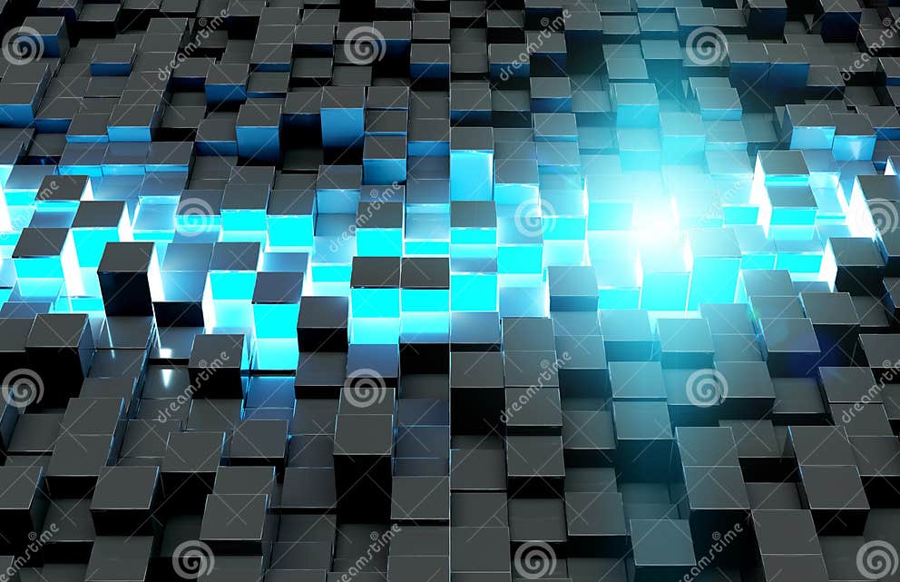 Glowing Black and Blue Squares Background Pattern 3D Rendering Stock ...
