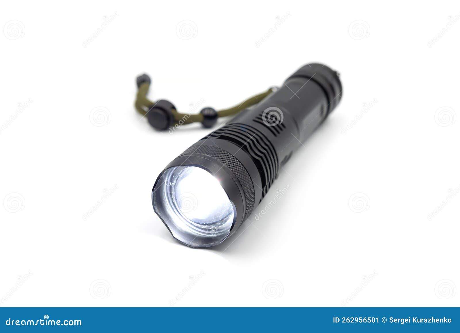 Glowing Black Metallic Led Flashlight Isolated on White Background ...