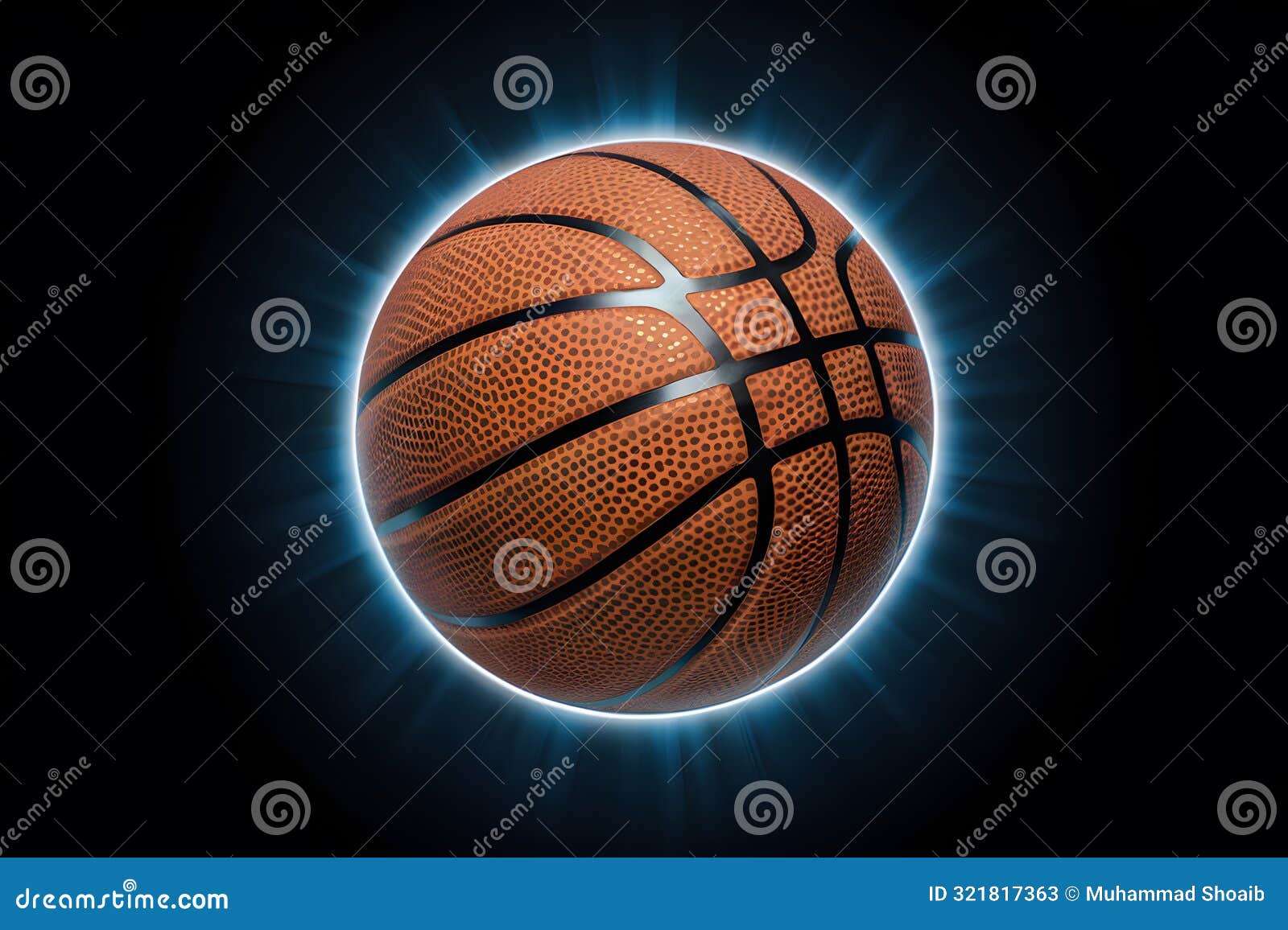 A Glowing Blue Basketball Against Dark Background, Emitting Light and ...