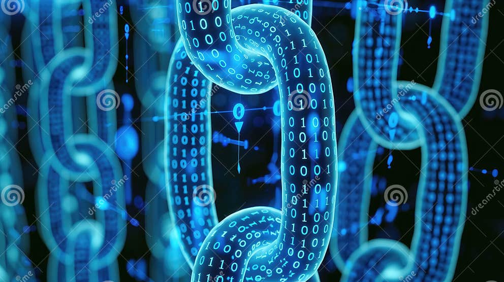 Glowing Blue Chain of Binary Links Symbolizes Data Connection or Blockchain Tech. Dark Backdrop ...
