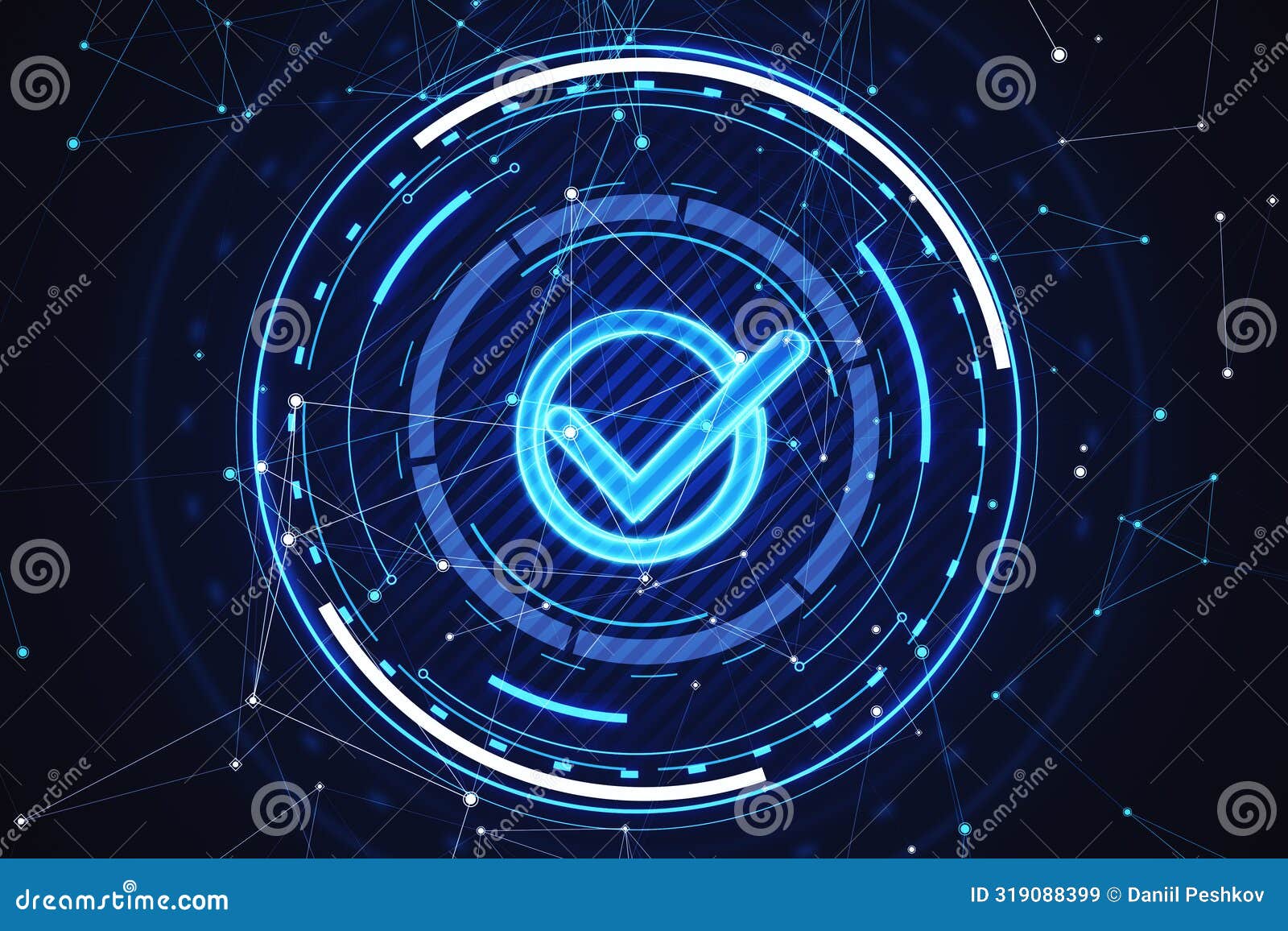 A Glowing Blue Checkmark Inside a Digital Interface, with a Futuristic ...
