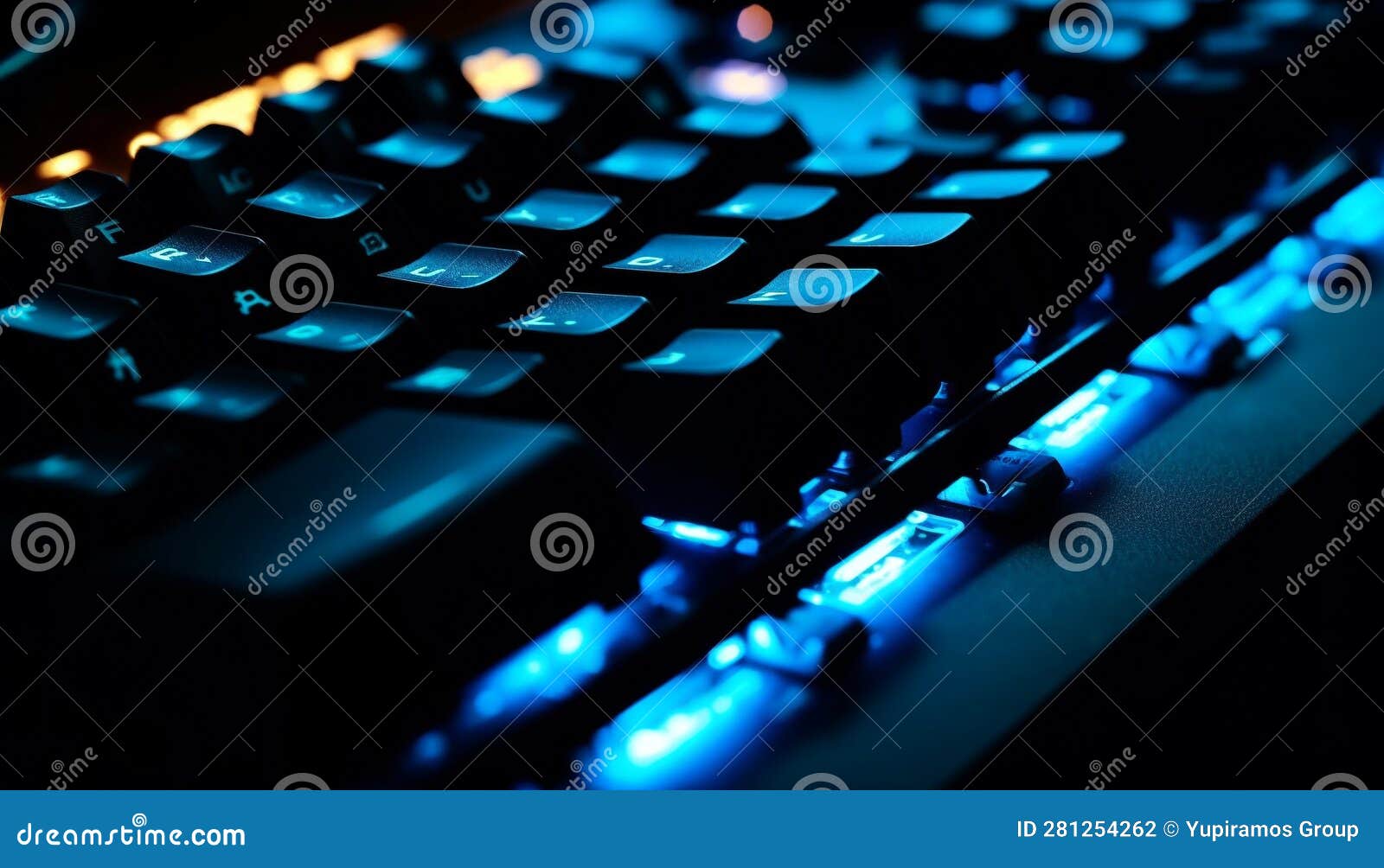 Glowing Blue Computer Keyboard Illuminated in Dark Nightclub Background ...