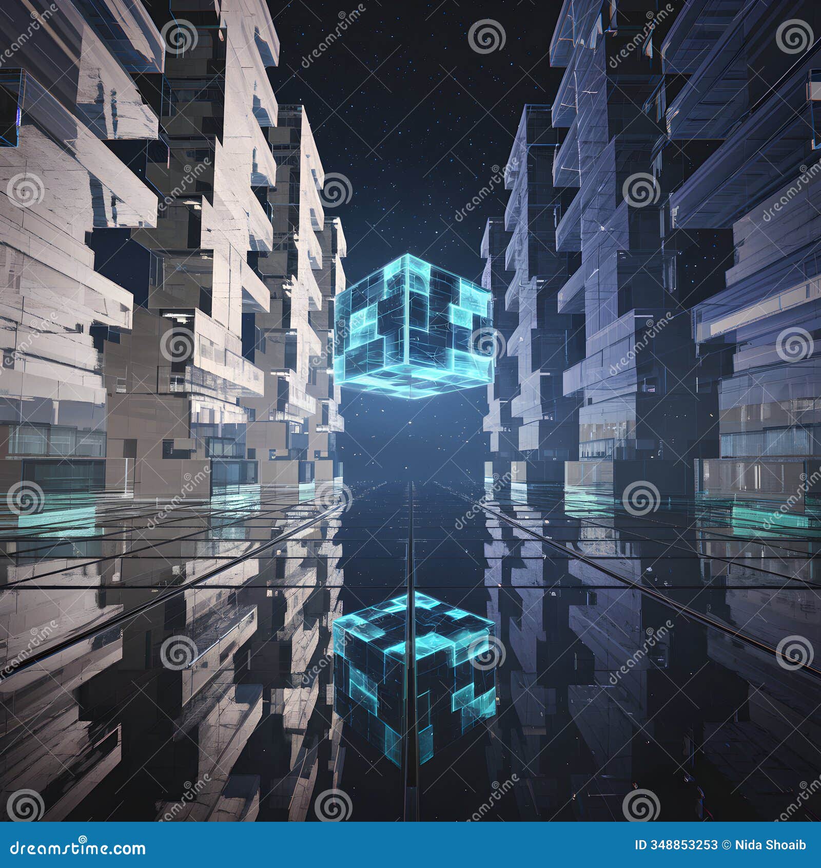 Glowing Blue Cube in Urban Scene Emphasizes Sci Fi Visuals with Spatial ...