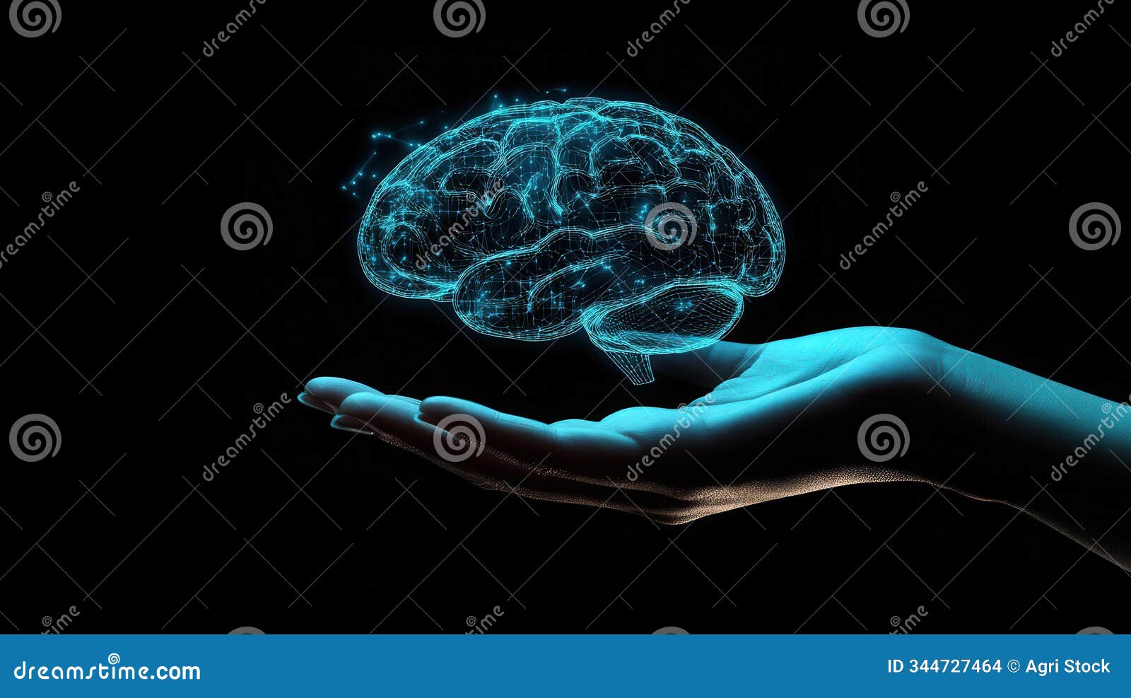 A Glowing Blue Digital Brain Being Held in a Cupped Hand Stock ...