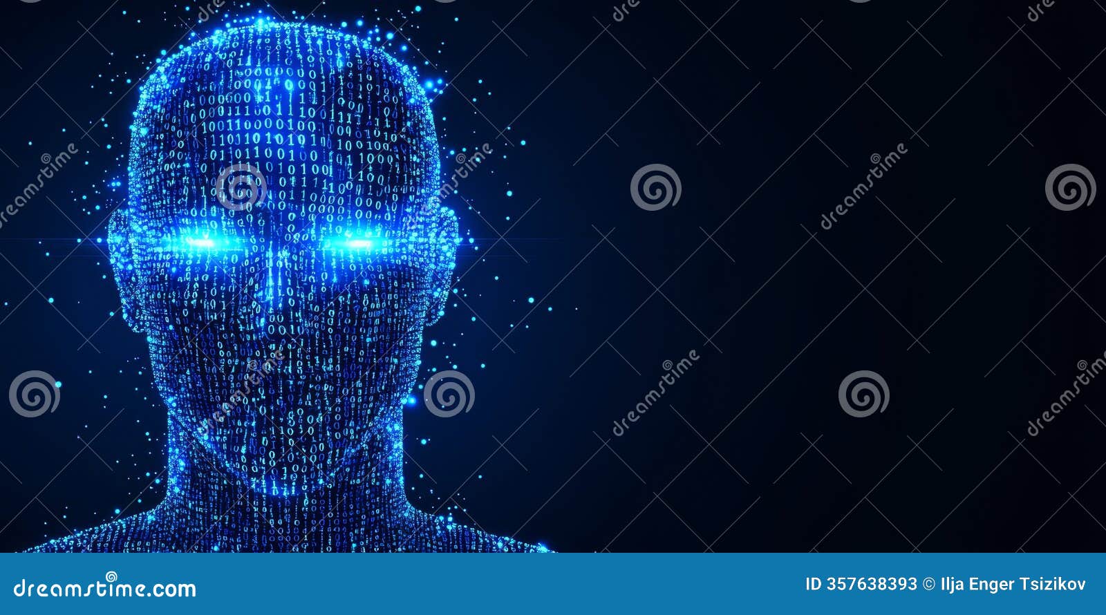 Glowing Blue Digital Human Head with Binary Code on Dark Background, AI and Technology Concept ...