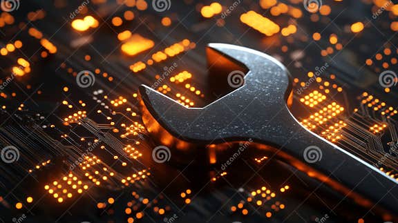 A Glowing Blue Digital Wrench Displaying Binary Code, Symbolizing AI in Maintenance Management ...