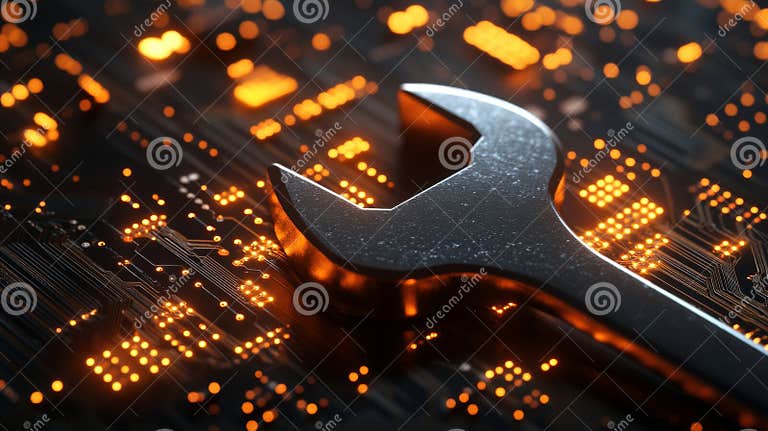 A Glowing Blue Digital Wrench Displaying Binary Code, Symbolizing AI in Maintenance Management ...