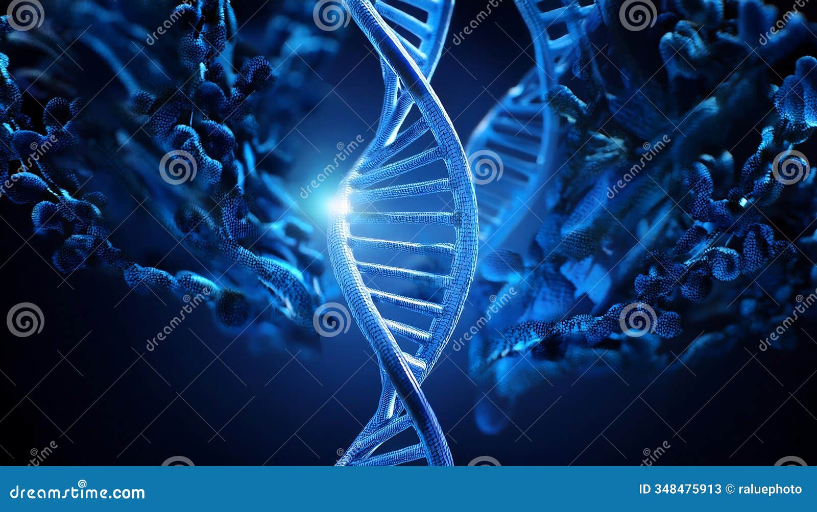 A Glowing Blue Double Helix DNA Molecule Dominates the Dark Background ...