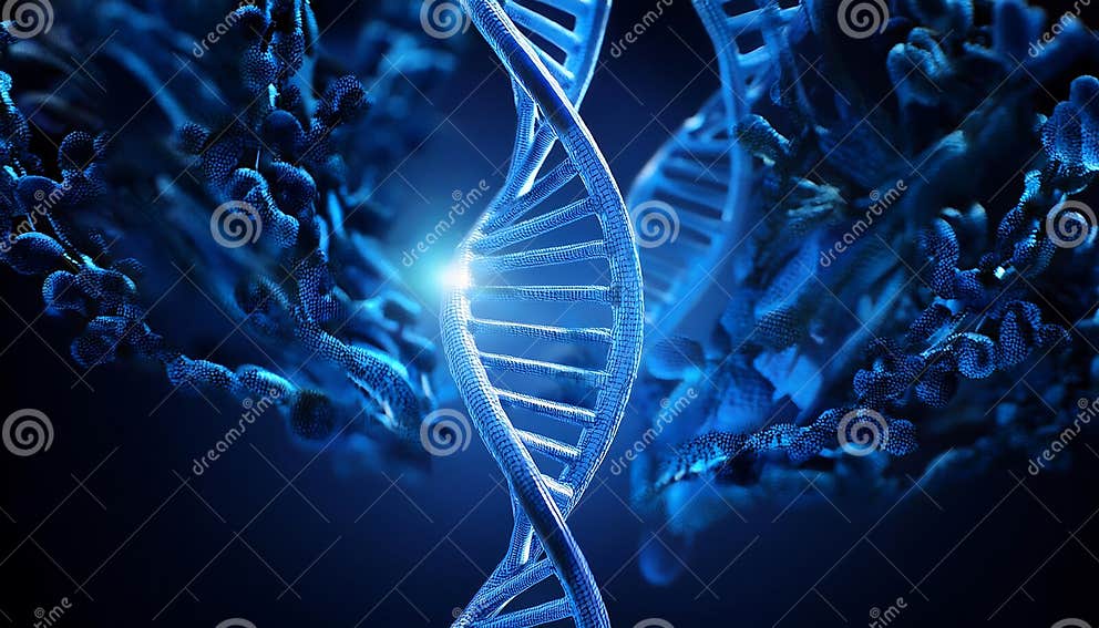 A Glowing Blue Double Helix DNA Molecule Dominates the Dark Background ...
