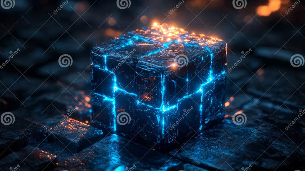 Glowing Blue Energy Cube on Dark Stone Surface Stock Illustration ...