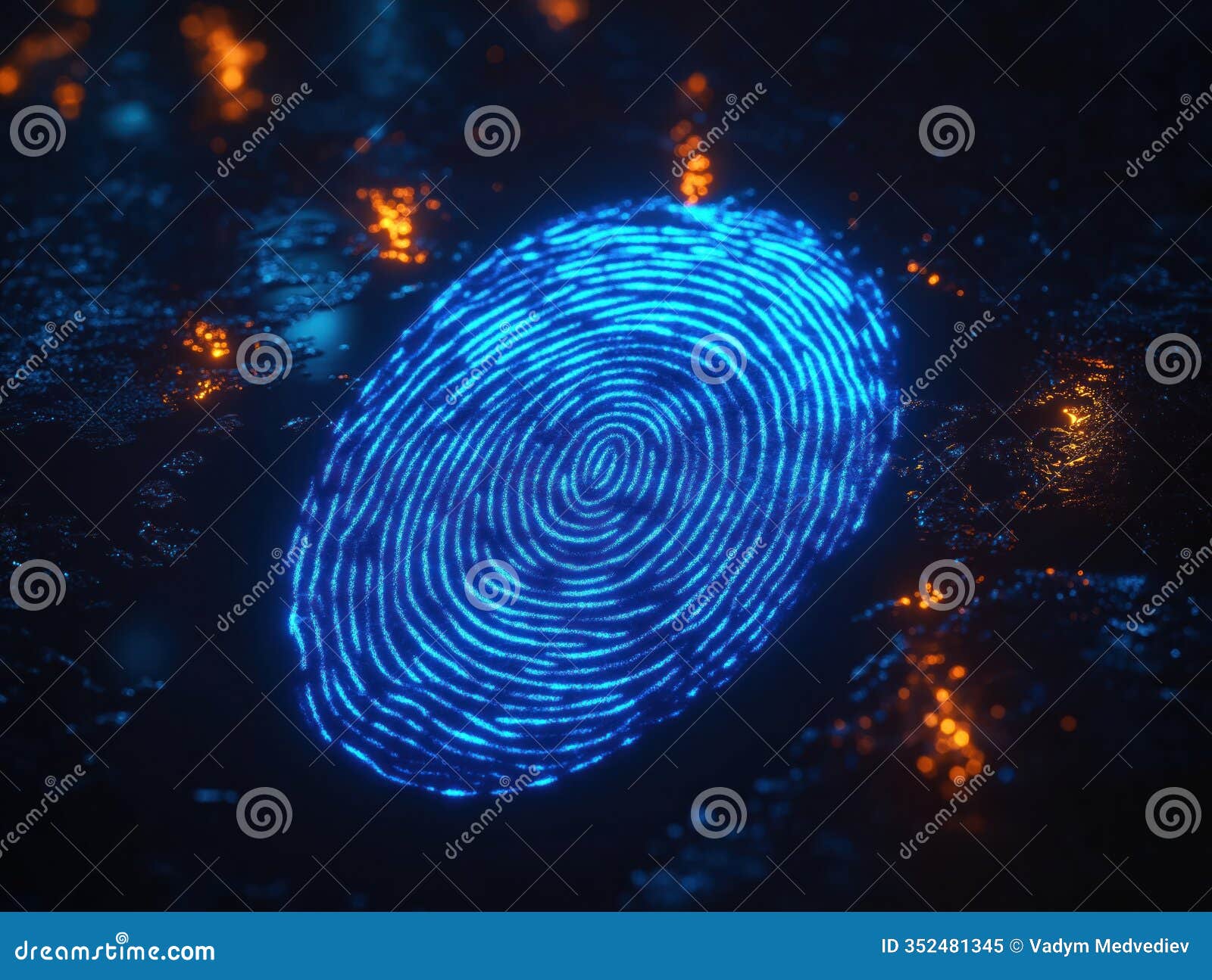 Glowing Blue Fingerprint on Dark Reflective Surface. Blurry Background ...