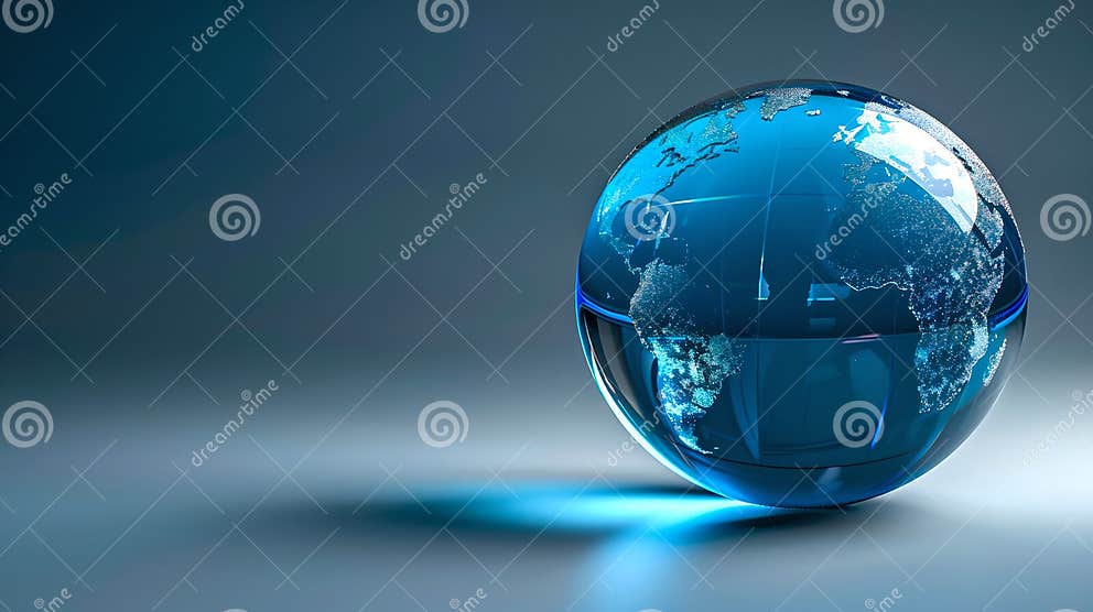 Glowing Blue Glass Globe on a Reflective Surface. Modern, Minimalistic ...